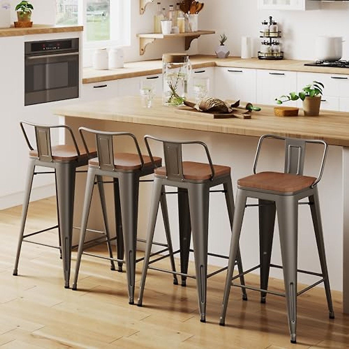 24" Low Back Metal Counter Stool Height Bar Stools with Wooden Seat [Set of 4] for Home Kitchen Barstools