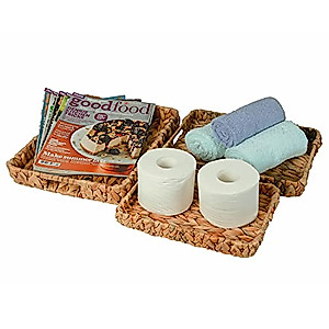 NEWQI Set of 3 Different Sizes Water Hyacinth Storage Baskets with Handles,Rectangular Rattan Woven Serving Tray， Large and Small Woven Wicker Baskets for Storage Organizing,Perfect for Open Shelving