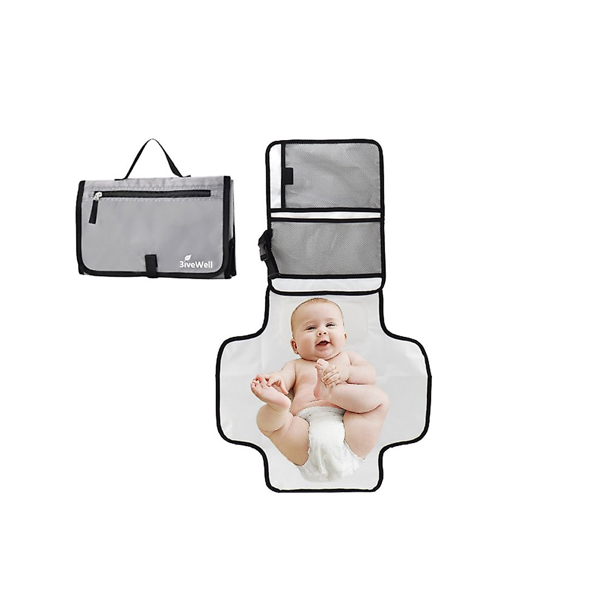 Portable Changing Pad Station for Newborn Baby Infant Diaper Mat Waterproof Compact Wristlet Clutch Holds Wipes & Diapers On The Go Travel Kit for Mom Dad in Grey by 3iveWell