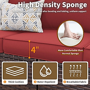 VONZOY Patio Furniture Set, 7 Pieces Outdoor Sectional Sofa Couch with Chairs, Ottomans and Comfy Cushions, All Weather Wicker Rattan Patio Conversation Set for Garden Backyard Wine Red