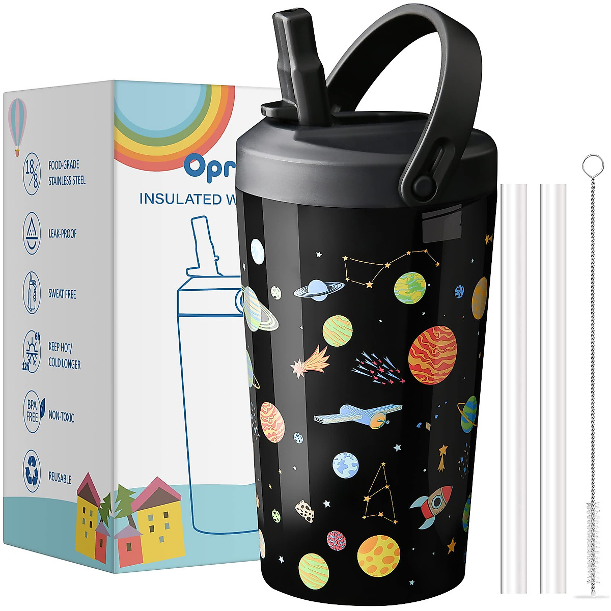 Opreine Tumbler with Lid and Straw for Kids, 14oz Insulated Water Bottle with Straw, Stainless Steel Thermos Water Bottle for Boys Girls, Leak Proof Kids Cup for School Sports, Black Planet