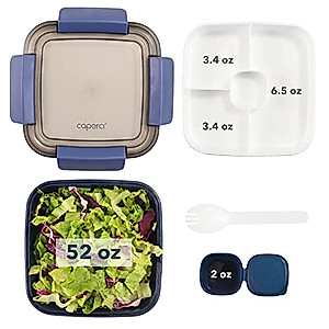 Caperci Salad Container for Lunch To Go - 2-Pack 52 oz Salad Bowls Bento Lunch Box Container with 4-Compartment Tray, 2-oz Sauce Container, Reusable Spork & BPA-Free (Navy & Navy)