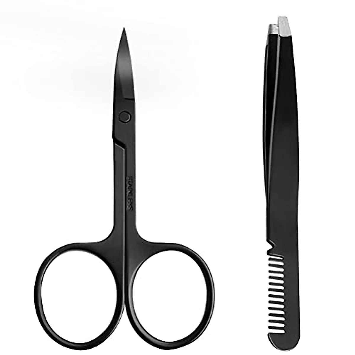 Eyebrow Scissors with Comb Tweezer, Multi-Purpose Stainless Steel Curved Small Eyelash Scissors Tweezer Comb for Women Eyebrow Eyelash Facial Gromming (Black)