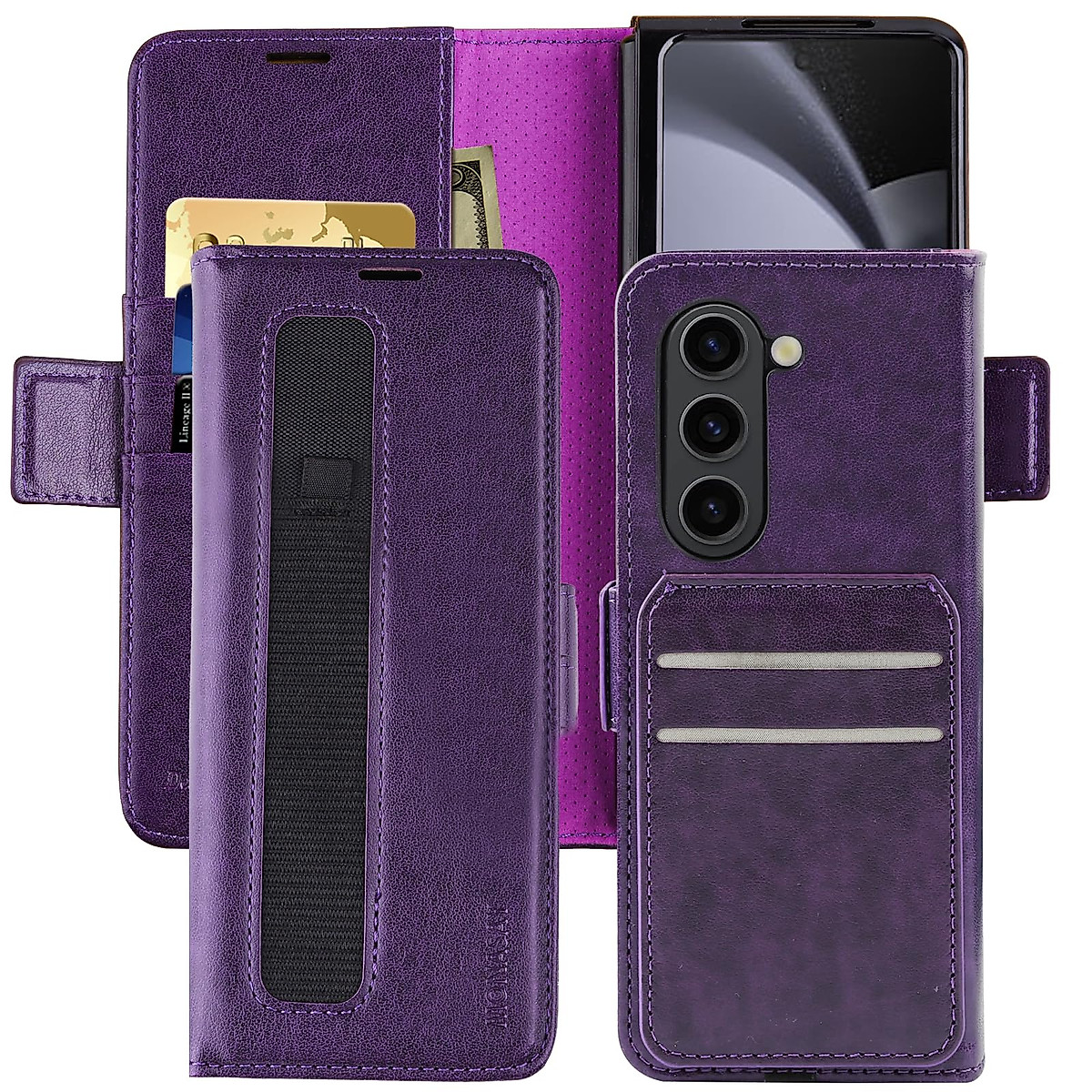 MONASAY Wallet Case Compatible for Galaxy Z Fold 5 5G with S Pen Holder, Flip Folio Leather Cell Phone Cover with RFID Blocking Credit Card Holder, Purple