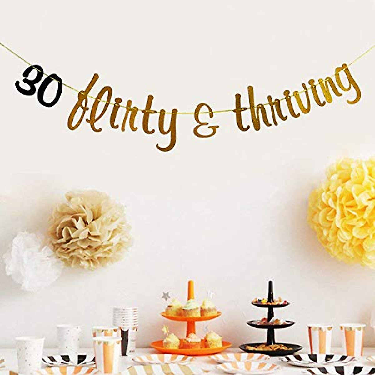 30 Flirty & Thriving Banner, 30th Anniversary Birthday Bunting Sign, Dirty Thirty Party Decorations, Gold and Black Glitter