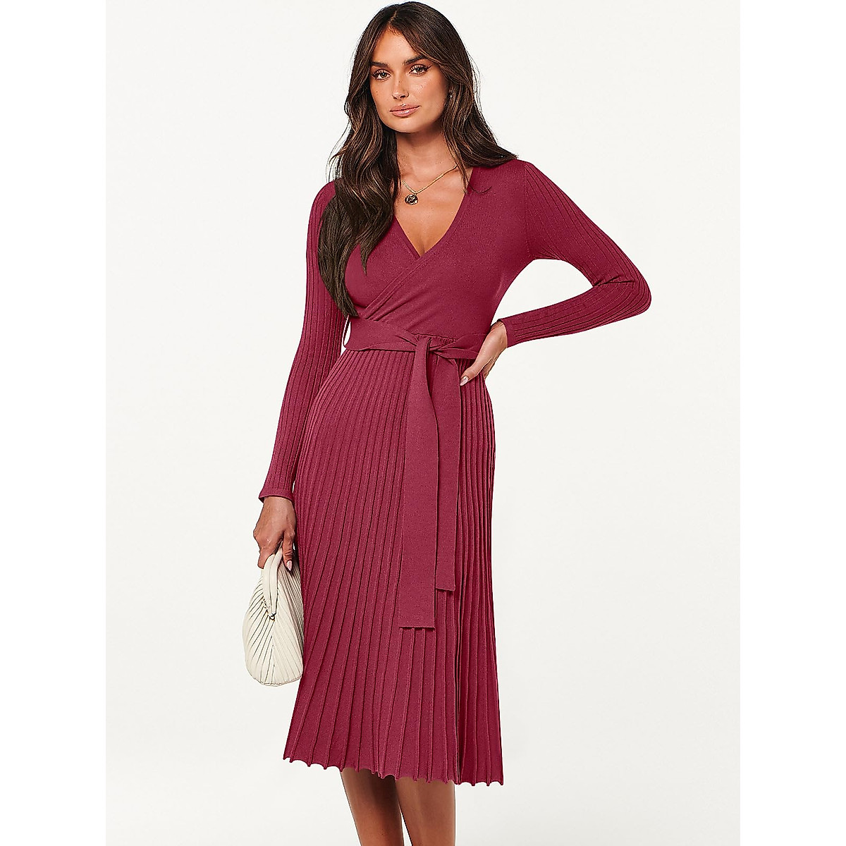 ANRABESS Women's 2024 Long Sleeve Sweater Dress Wrap V Neck Pleated Ribbed Knit A Line Belted Tie Waist Midi Dress Wine Red Medium