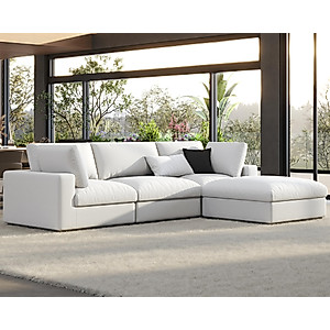 PaPaJet Modular Sectional Sofa, 114 Inches Oversized Down Filled Sectional Sofa, 4 Seats L Shaped Comfy Couch with Chaise, Ottoman, Could Sofa for Living Room, White Linen Couch Set