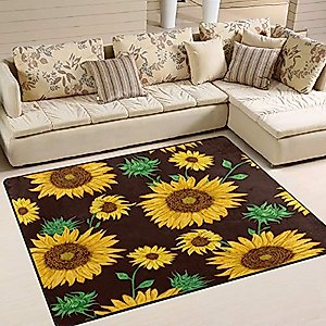 Watercolor Sunflower Floral Leaves Area Rugs for Living Room, Non-Slip Washable Decor Mat Soft Floor Carpet Extra Large 5x7 Feet