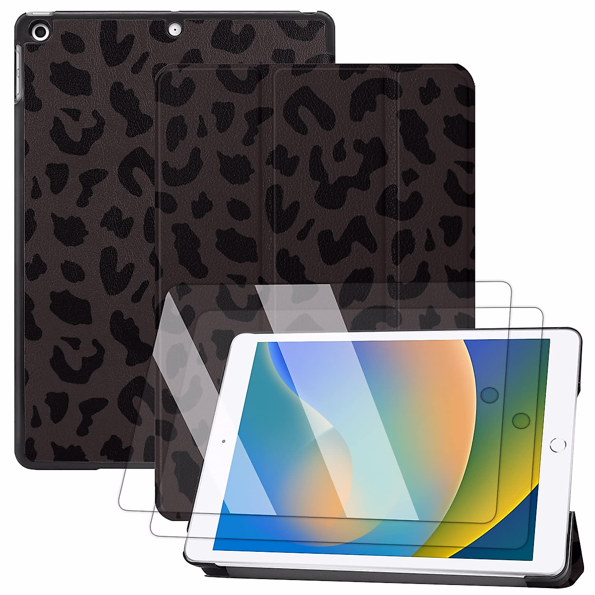 Deokke Compatible with iPad 9th /8th /7th Generation Case(2021/2020/2019) with 2Pcs Screen Protector and Hard Back iPad 10.2 inch Case,Auto Sleep/Wake Cover-Black Purple Leopard Cheetah
