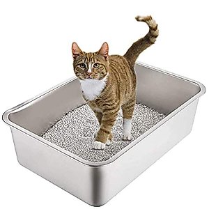 Yangbaga Stainless Steel Litter Box for Cat and Rabbit, Odor Control Litter Pan, Non Stick, Easy to Clean, Rust Proof, Large Size with High Sides and Non Slip Rubber Feets (24'' x 16'' x 6'')