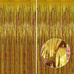 Foil Fringe Curtain Backdrop Glitter Fringe Rain Curtain for Party/Birthday/Graduation Decorations and New Year Eve Set of 2. 3.2ft x 9.8 ft(Gold)