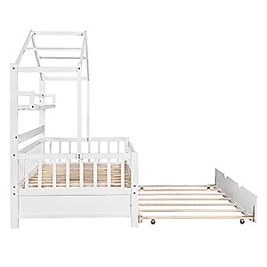 Merax Wood Twin Montessori Bed Frame with Twin Trundle/Book Shelf Low Sofa Daybed for Boys Girls No Box Spring Needed White