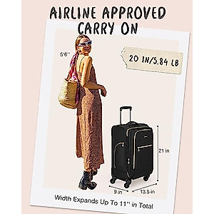 BAGSMART Carry On Luggage 20 Inch,Softside Expandable Suitcase with Spinner Wheels, Travel Luggage Airline Approved Rolling Lightweight Suitcases with Front Pocket for Women Men,Black Carry-On(Black)