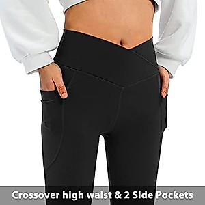 DLOODA Women's Flare Leggings with Pockets-Crossover High Waisted Bootcut Yoga Pants-Tummy Control Bell Bottom Leggings Black