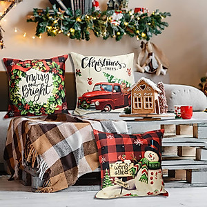 ButyHome Christmas Pillow Covers 18x18 Buffalo Plaid Pillows with Trees Snowman Elf Decorative Holiday Throw for Sofa Couch Decorations Set of 4 (Sa18)