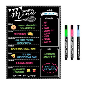 Magnetic Dry Erase Menu Board for Fridge with 3 Bright Neon Chalk Markers - 16x12" - Weekly Meal Planner Blackboard and Grocery List Notepad for Kitchen Refrigerator - Whiteboard Chalkboard Magnet