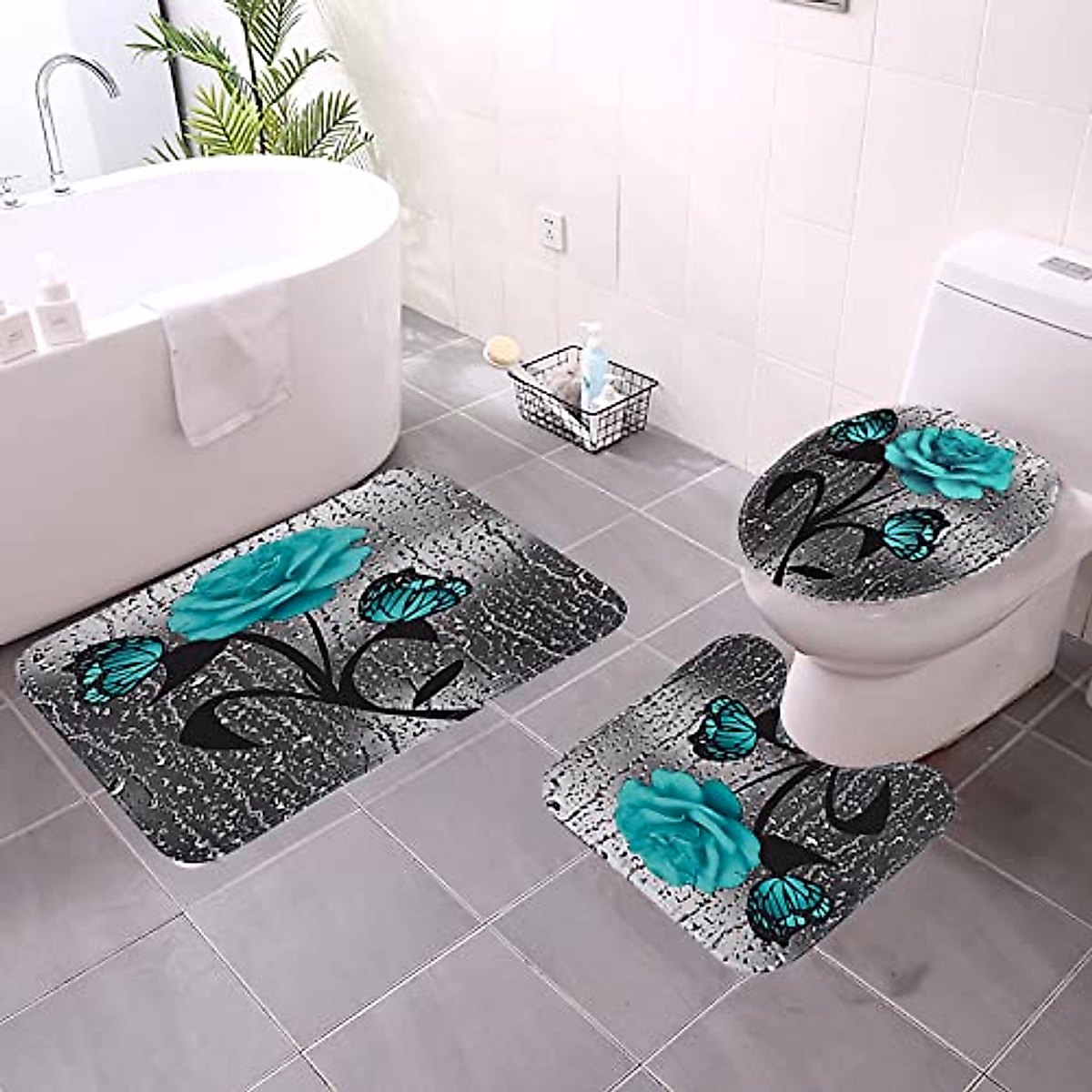 Bathroom Rugs and Mats Sets, Teal Rose Bath Mat, 3 Piece Floral Bath Rug Set, Ultra Soft Absorbent Shaggy Non-Slip Grey Bathroom Mats Bathroom Rug U Shape Toilet Mat Contour Bath Rug for Bathroom