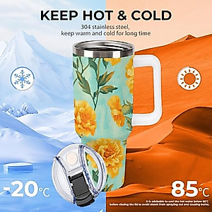 Yellow Flowers Marigolds Insulated Tumblers with Handle Stainless Steel Coffee Mug Funny Travel Cup with Lid Straw 40oz