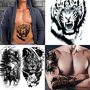 Hotoyannia 82 Sheets Large-Size Black Temporary Tattoos Stickers, Includes 10 Large-Size Fake Tattoos That Look Real and Last Long, Halloween Tattoos Include Wolf Lion Tiger Skeleton Skull Tattoos