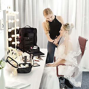 BYOOTIQUE Rolling Makeup Train Case Soft Sided Makeup Storage Cosmetic Organizer Carry on Travel Trolley Suitcase with Heat Isolation Side Pocket 6 Removable Bag for Makeup Artist Hairstylist, Black