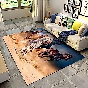 Horses Running Area Rugs, 5x7ft, Large Herd of Horses Running in Desert Living Room Decorative Carpet, Five White and Brown Horses, for Living Room Bedroom Sofa