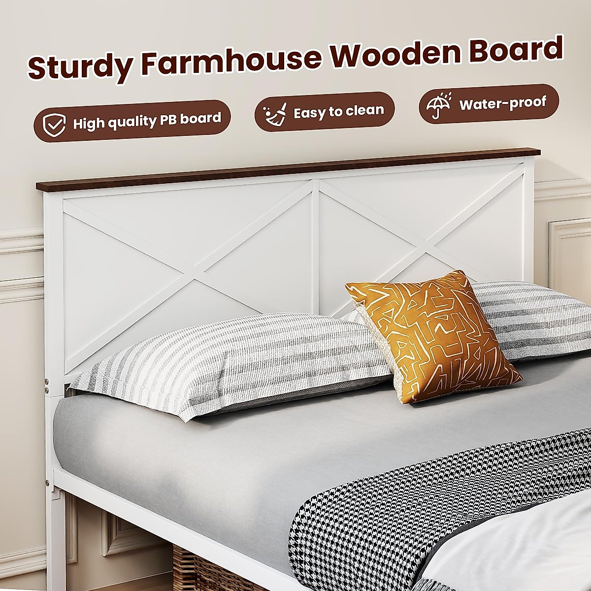 VOPEAK Farmhouse Queen Bed Frame with Headboard and Footboard, Bed Frame Queen Size Metal Platform with Under Bed Storage, Noise Free, No Box Spring Needed, Easy to Install, Sturdy & Stable, White