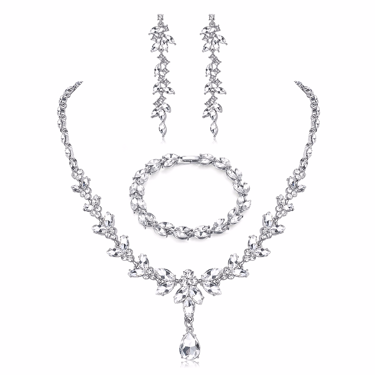 FIASASO Prom Jewelry Set Necklace Dangle Earrings Bracelet Bride Bridesmaid Crystal Bridal Jewelry Set for Wedding Rhinestone Engagement Party Prom Jewelry Set for Women