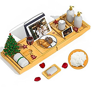 Domax Bathtub Caddy Tray Expandable Bamboo Tub Tray for Luxury Bath with Book Holder and Free Soap Dish Yellow