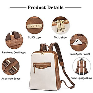 CLUCI Leather Laptop Backpack for Women 15.6 inch Computer Bag Travel Business Daypack Coarse grain beige with brown