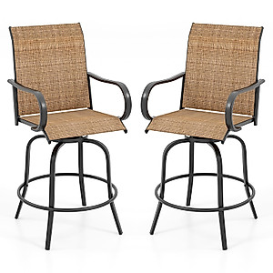 Tangkula Outdoor Swivel Bar Stools Set of 2, Bar Height Tall Patio Chairs with Armrests & High Back, Cozy Footrest & Solid Metal Support, High Top Bar Chairs for Backyard, Balcony, Poolside (1, Brown)