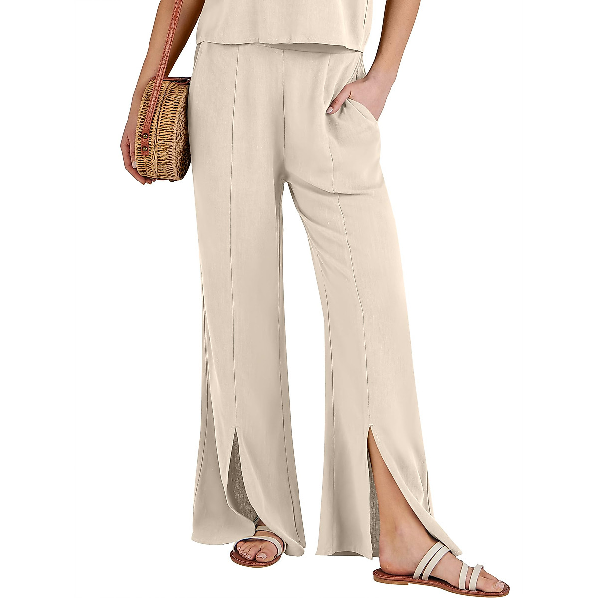 Caracilia Women's Linen Palazzo Pants Summer Beach Boho Wide Leg High Waist Front Split Elastic Waisted Trousers Casual Loose Flowy Pant with Pocket Beige C128A0-mise-S