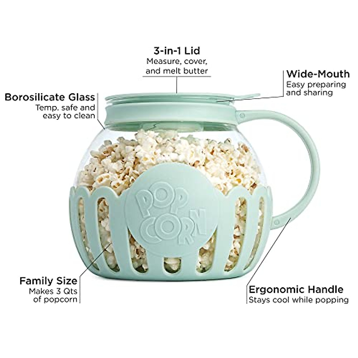 Ecolution Patented Micro-Pop Microwave Popcorn Popper with Temperature Safe Glass, 3-in-1 Lid Measures Kernels and Melts Butter, Made Without BPA, Dishwasher Safe, 3-Quart, Aqua