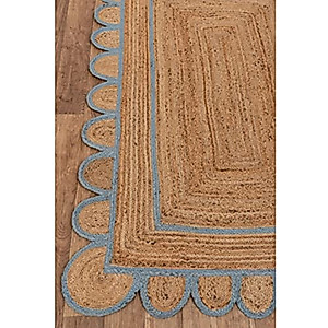 Rangneel Handloom Scalloped Sky Blue Border Jute Rugs, Scallop Boho Decor Handmade Rectangle Jute Rug (2x3 Feet)