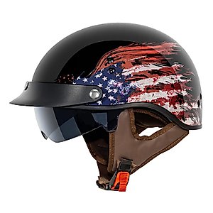 VCAN Cruiser Half Face Motorcycle Helmet with Drop-Down Sun Visor, Removable Peak and Quick Release Buckle