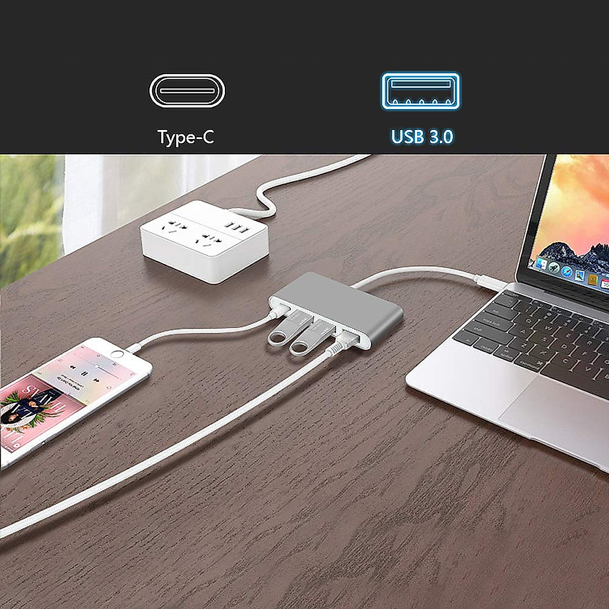 USB C hub HDMI Adapter, 4 in 1 Type C hub, 100W Power Supply, USB3.0 * 3+Type-C Interface, Suitable for MacBook Air, MacBook Pro, XPS, etc.