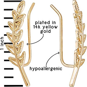 Humble Chic Ear Crawler Earrings for Women - Hypoallergenic Ear Climbers Earrings for Women - Statement Leaf Ear Jacket Earrings Studs - Gold Ear Cuff Bridal Earrings - Gold Earrings, 14K Gold Plated