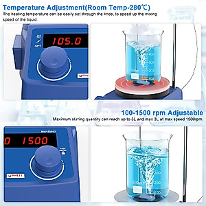 FOUR E'S SCIENTIFIC 5 Inch Magnetic Stirrer Hot Plate Max Temp 280℃/536°F | Max 5L Stirring Capacity | 100-1500RPM | 110V | Laboratory Hot Plate with Temp Probe Sensor & Stir Bar (Not Include Stand）