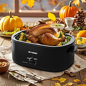 26 Quart Electric Roaster Oven with Visible & Self-Basting Lid, Large Turkey Roaster with Defrost Warm Function, Adjustable Temperature, Removable Pan Rack, Stainless Steel, Black