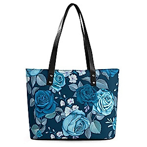 Womens Handbag Flowers Blue Leather Tote Bag Top Handle Satchel Bags For Lady