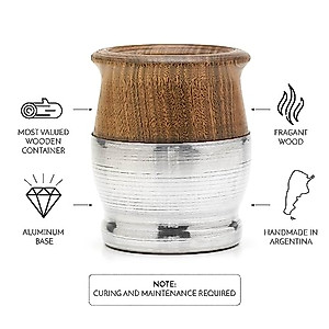 BALIBETOV [New Yerba Mate Wood Gourd Set - Traditional Palo Santo and Aluminum (Mate Cup) with Bombilla (Yerba Mate Straw) (Wood With Aluminum Base)