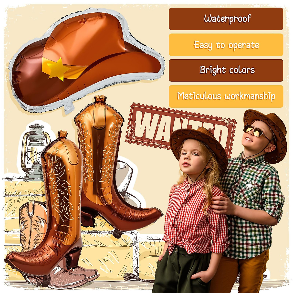 Wettarn 16 Pcs Cow Balloons Include 8 Pcs Cow Boot Balloons and 8 Pcs Cow Hat Foil Balloon Cowboy Cowgirl Party Supplies Cowgirl Party Decorations for Birthday Western Horse Theme Party Supplies