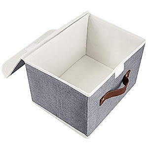 Lucky Monet 2 Pack Linen Fabric Foldable Storage Bin Set Collapsible Storage Box Cube Closet Organizer with Lid & Faux Leather Handle, 10”x8”x7” (Grey)