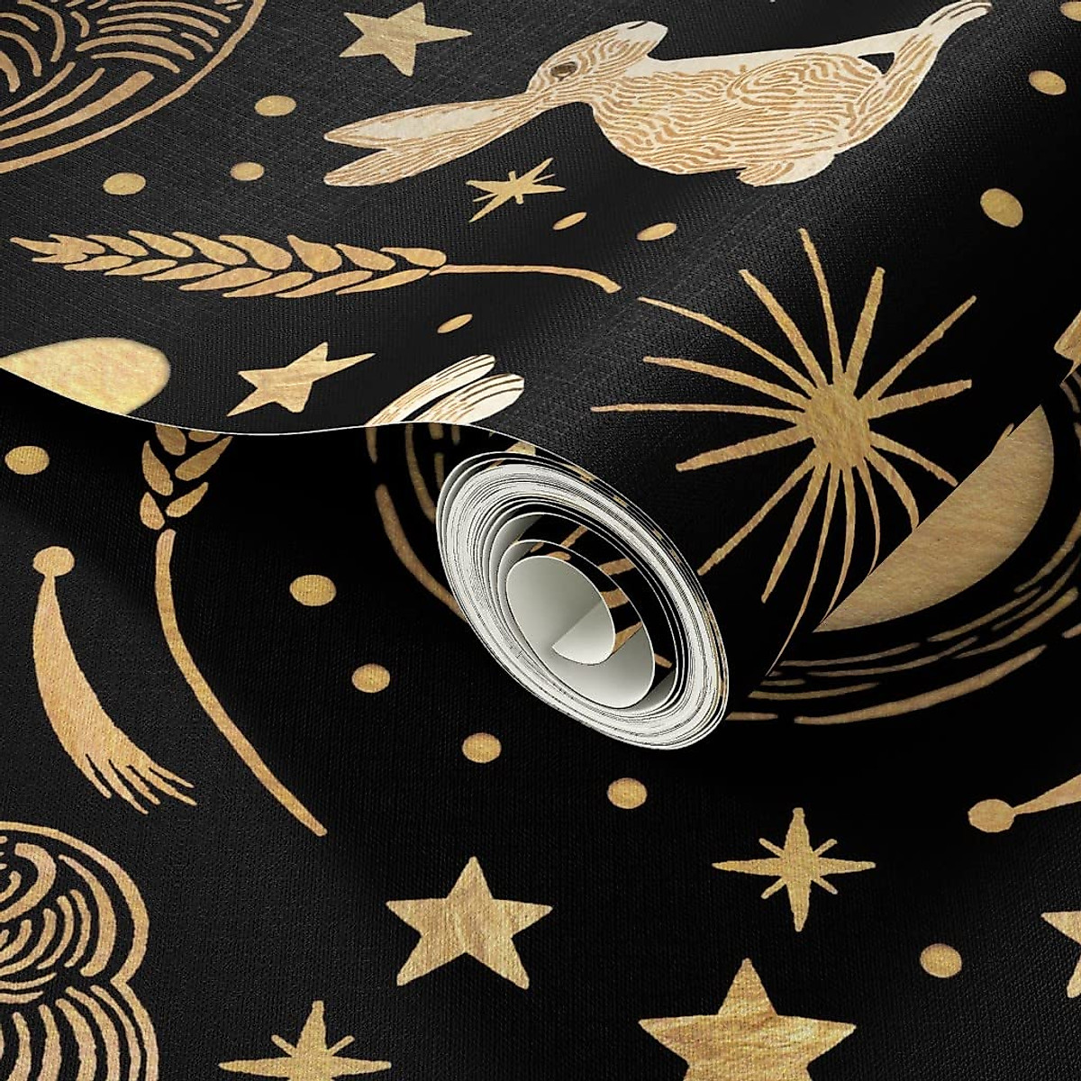 Peel & Stick Wallpaper 6ft x 2ft - Moon Hares Golden Black Stars Clouds Gold Night Custom Removable Wallpaper by Spoonflower