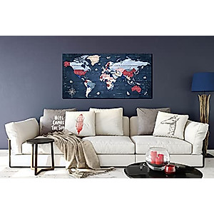 Blue World Map Wall-Art For Office - Large World Maps For Wall - Canvas Wall Art Stretched and Framed Ready to Hang Size 40" x 20"