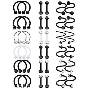 SCERRING Tragus Earrings 16g Stainless Steel Horseshoe Lip Rings Nail Tragus Helix Rook Cartilage Earrings Studs Ring Medusa Piercing Jewelry 8mm 36PCS Black