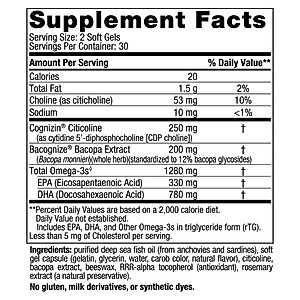 Nordic Naturals Omega Focus, Lemon - 60 Soft Gels - 1280 mg Omega-3 + Citicoline & Bacopa Monnieri Extract - Focus, Attention, Memory, Brain Health - Non-GMO - 30 Servings