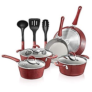 NutriChef Non-Stick Kitchenware Pots & Pans, Gray Inside & Red Outside, Metal + Silicone Handle, PTFE/PFOA/PFOS Free NCCW11RDL, 11 Pcs. Stylish Kitchen Cookware Set w/Elegant Lines Pattern