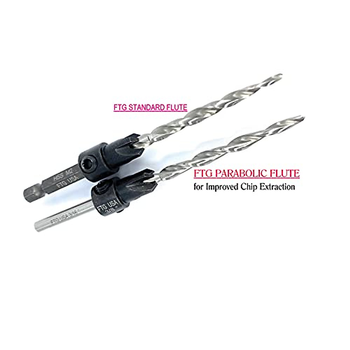 FTG USA Countersink Drill Bit Set 6 Pc #6 (9/64") Parabolic Flute Wood Countersink Drill Bit, Pro Pack Countersink Bit, Tapered Drill Bits for Countersink with 1 Depth Stop Collar and 1 Hex Wrench
