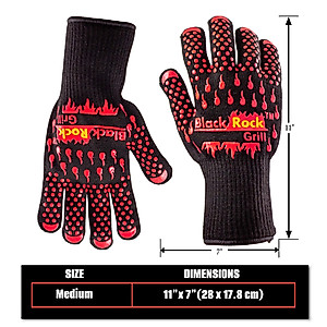 Black Rock Grill Fire & Heat Resistant Cooking Gloves 923F -28cm Silicone Safety Oven Mitts with Fingers- Gloves for Grilling, BBQ, Fireplace, Lava Stones, EN407,EN388, EN ISO 21420 Certified (Medium)