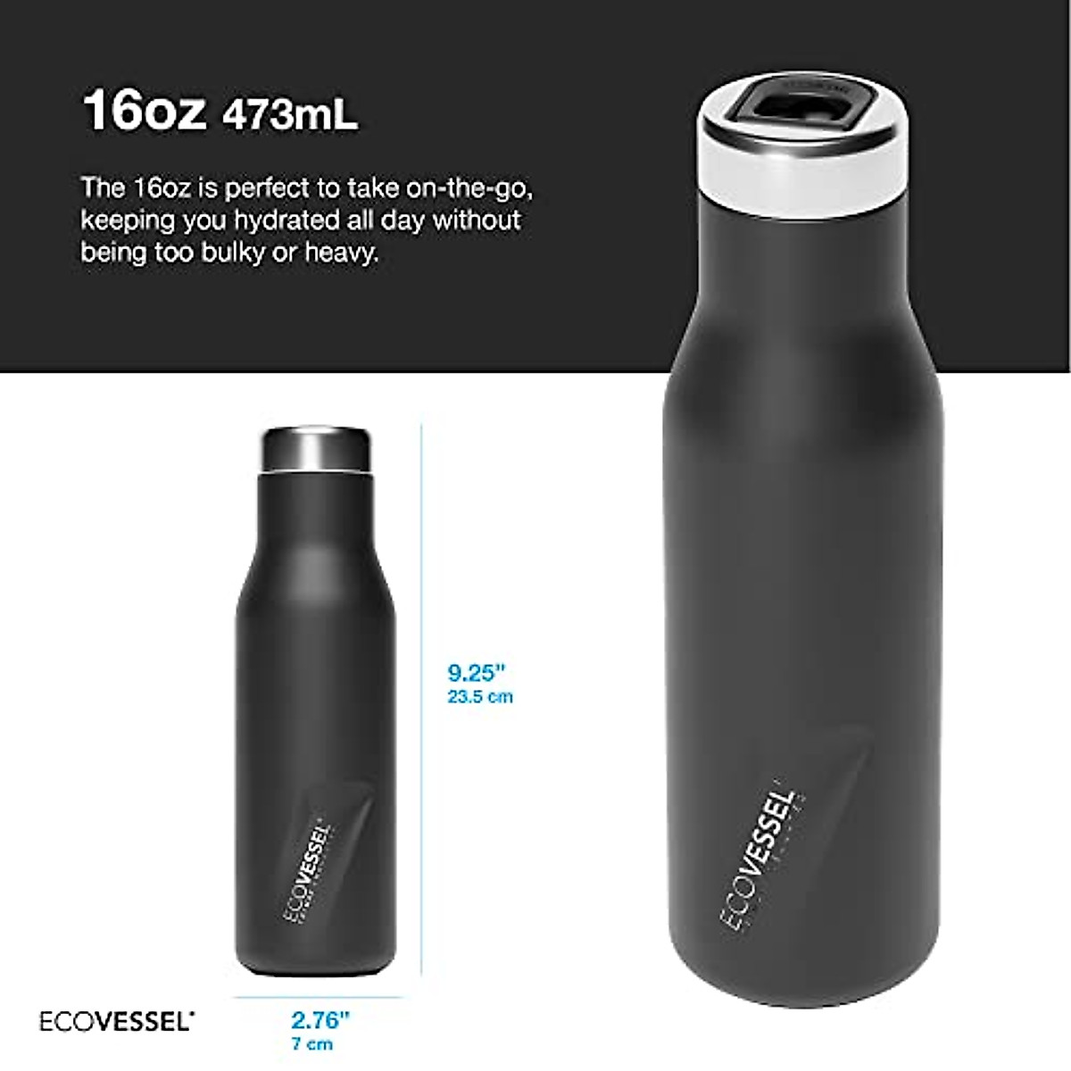 EcoVessel ASPEN Stainless Steel Water Bottle with Insulated Lid, Metal Water Bottle with Rubber Non-Slip Base. Wine Tumbler Reusable Water Bottle - 16oz (Grey Smoke)